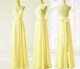 Yellow V Neck Chiffon Beaded Long Prom Dress, Yellow Evening Dress on ...